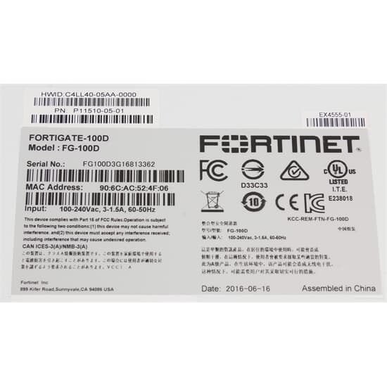 Fortinet Firewall FortiGate 100D 2,5 Gbps w/o Brackets - P11510-05-01 ...