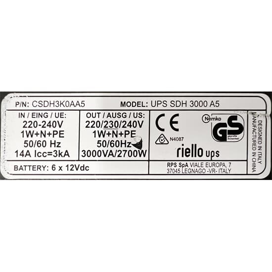 Riello UPS SDH 3000 A5 3000VA/2700W - CSDH3K0AA5 Batteries new
