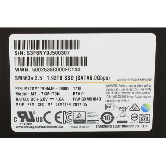 Samsung SATA-SSD SM863a 1,92TB SATA 6G 2,5" - MZ7KM1T9HMJP-00005